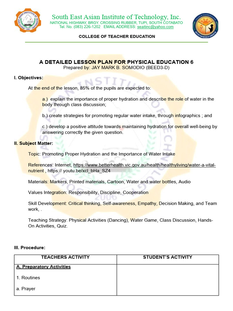 A Detailed Lesson Plan For Physical Education 6 | PDF | Dehydration ...