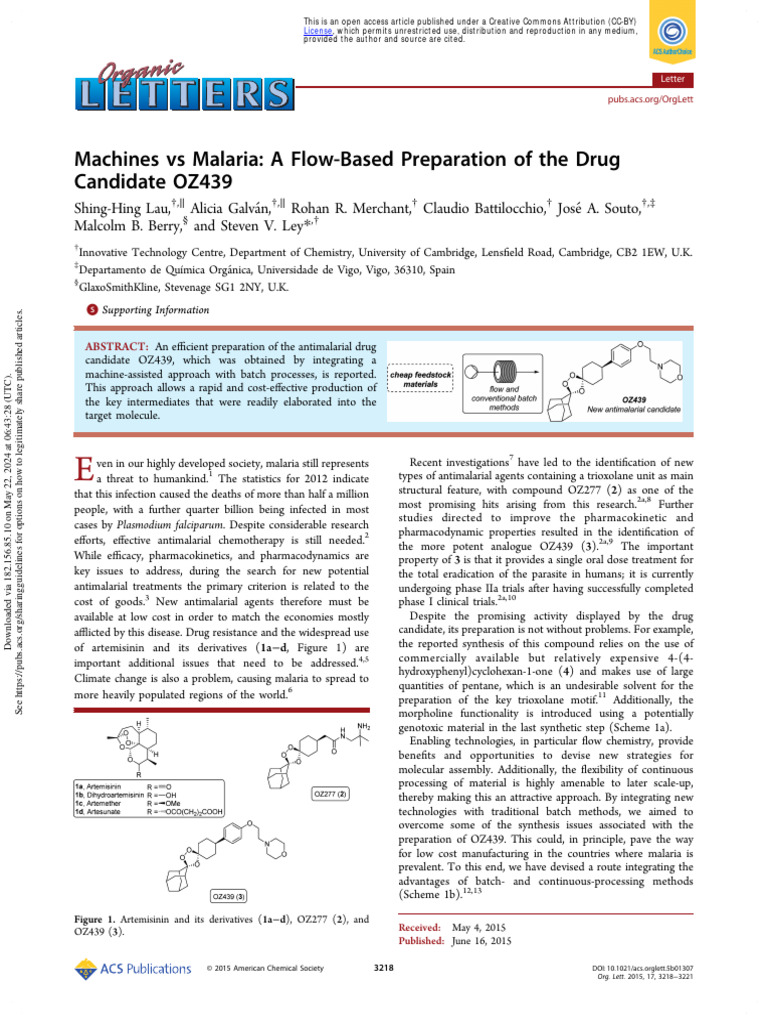 Lau Et Al 2015 Machines Vs Malaria A Flow Based Preparation of The Drug ...