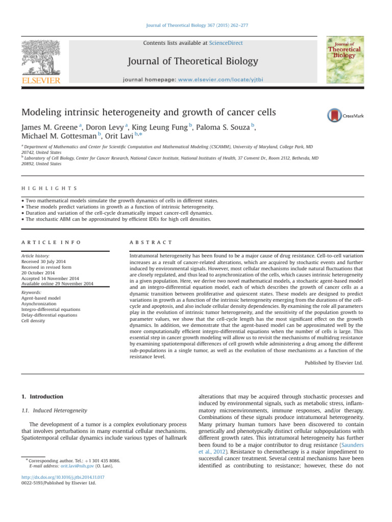 Modeling intrinsic heterogeneity and growth of cancer cells | PDF | Agent Based Model | Cell Cycle