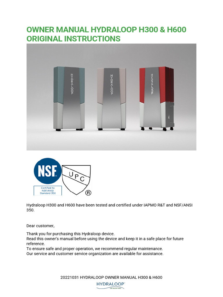 Owner Manual Hydraloop h300 h600 | PDF | Toilet