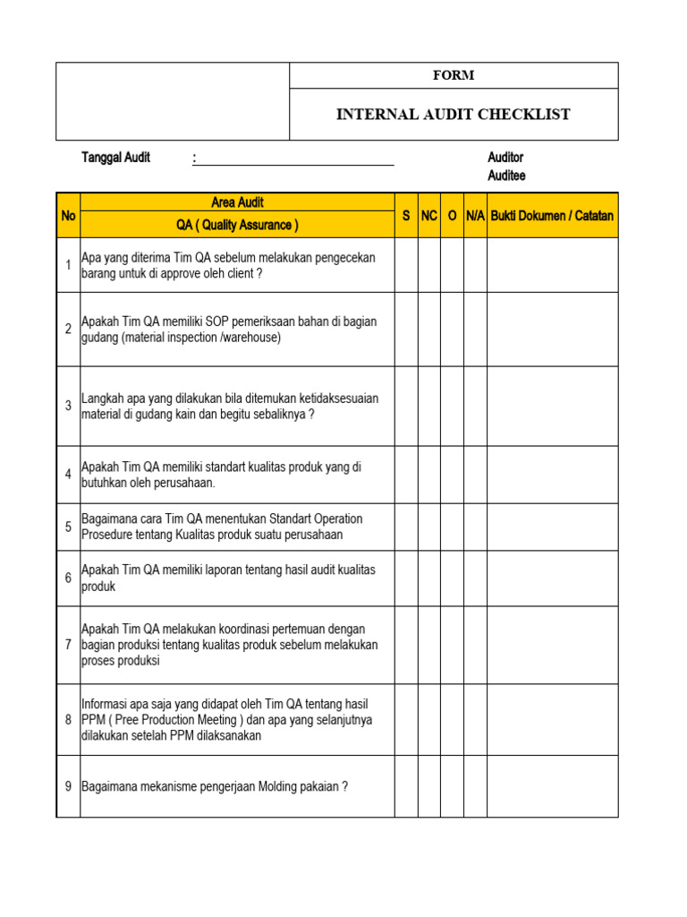 QA_CHECKLIST AUDIT INTERNAL | PDF