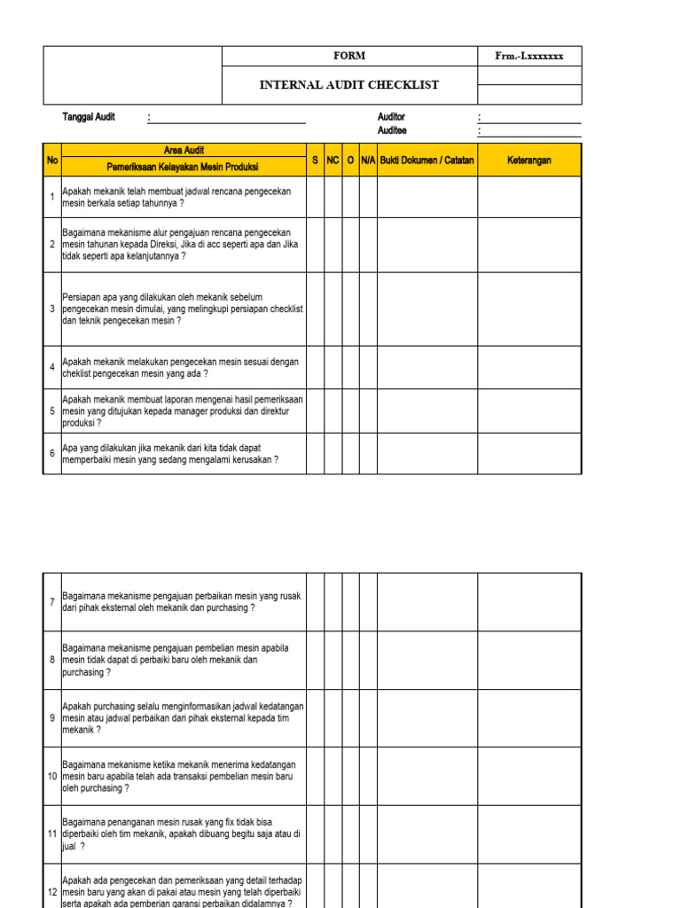 MESIN_CHECKLIST AUDIT INTERNAL | PDF