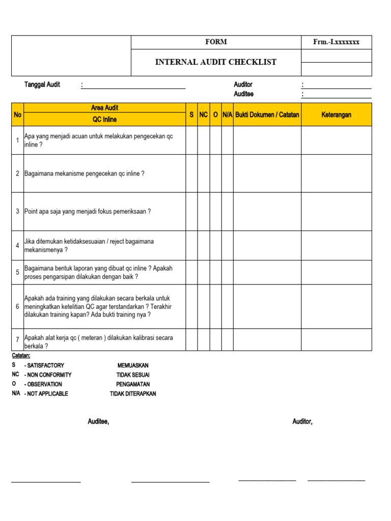 QA & QC_CHECKLIST AUDIT INTERNAL | PDF