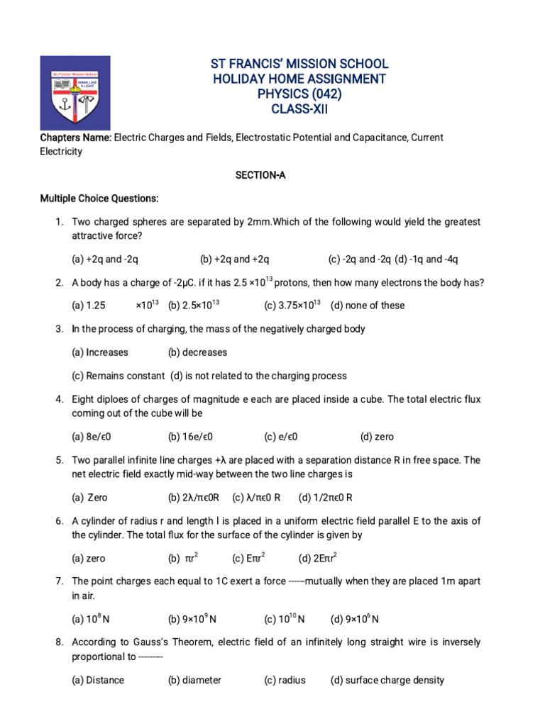 Class Xii Physics Holiday Homework (2024-25) | PDF | Electrical ...