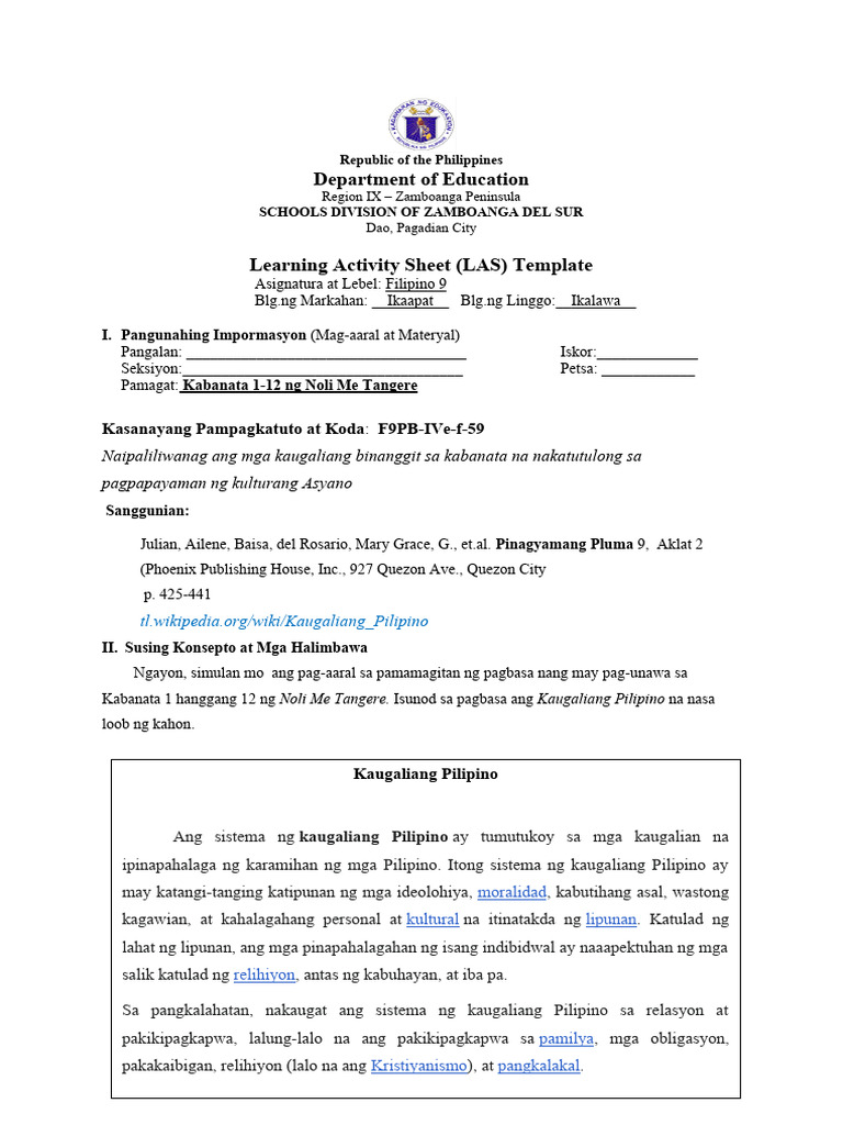 LAS G9 Kabanata 1 12 Kaugaliang Pilipino | PDF