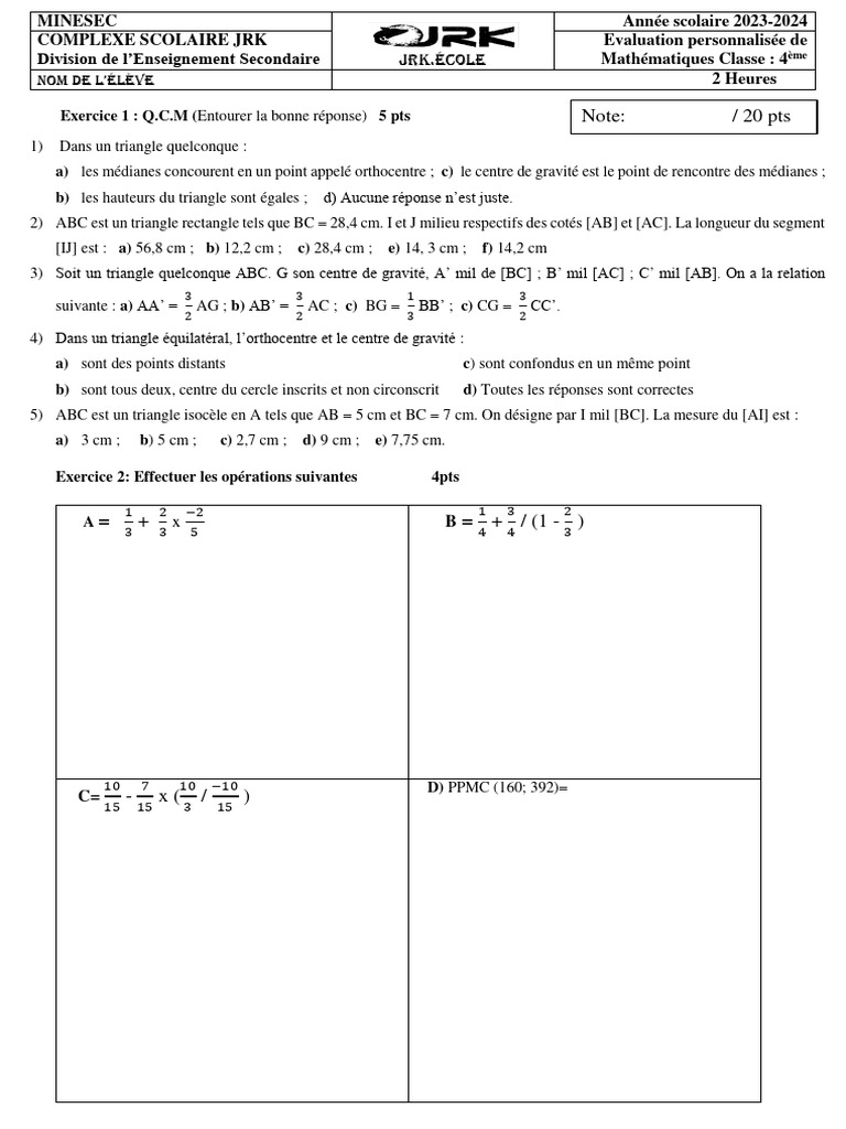 Évaluation de Mathématiques 4ème 2023 | PDF | Triangle | Triangle