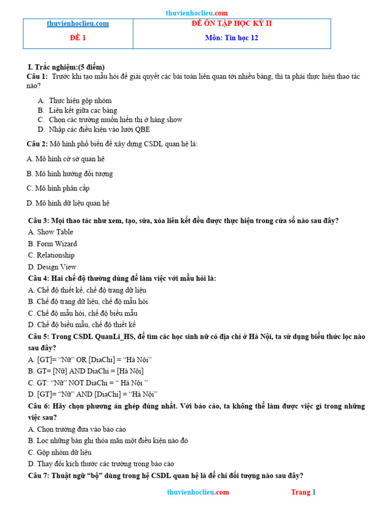 Bo de On Thi HK2 Tin 12 Co Dap An | PDF