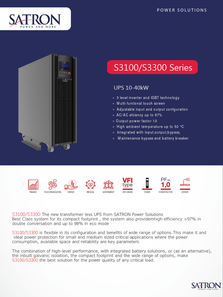 Satron s3100-s3300 10 to 40 Kva Brochure | Download Free PDF | Power Inverter | Power (Physics)