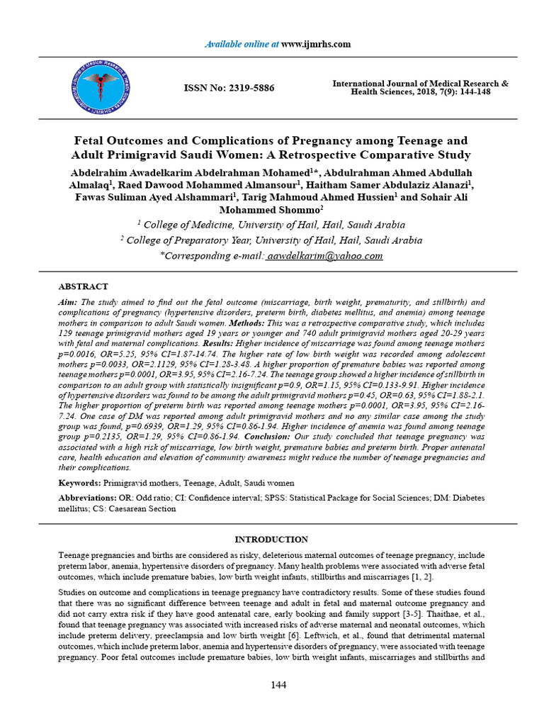Fetal Outcomes and Complications of Pregnancy Among Teenage and Adult ...