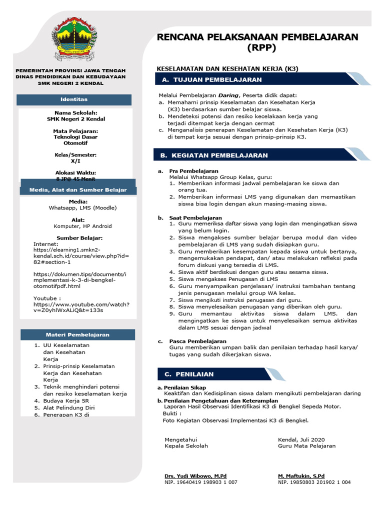 RPP Keselamatan Dan Kesehatan Kerja k3 SMK | PDF | Karier & Perkembangan | Komputer