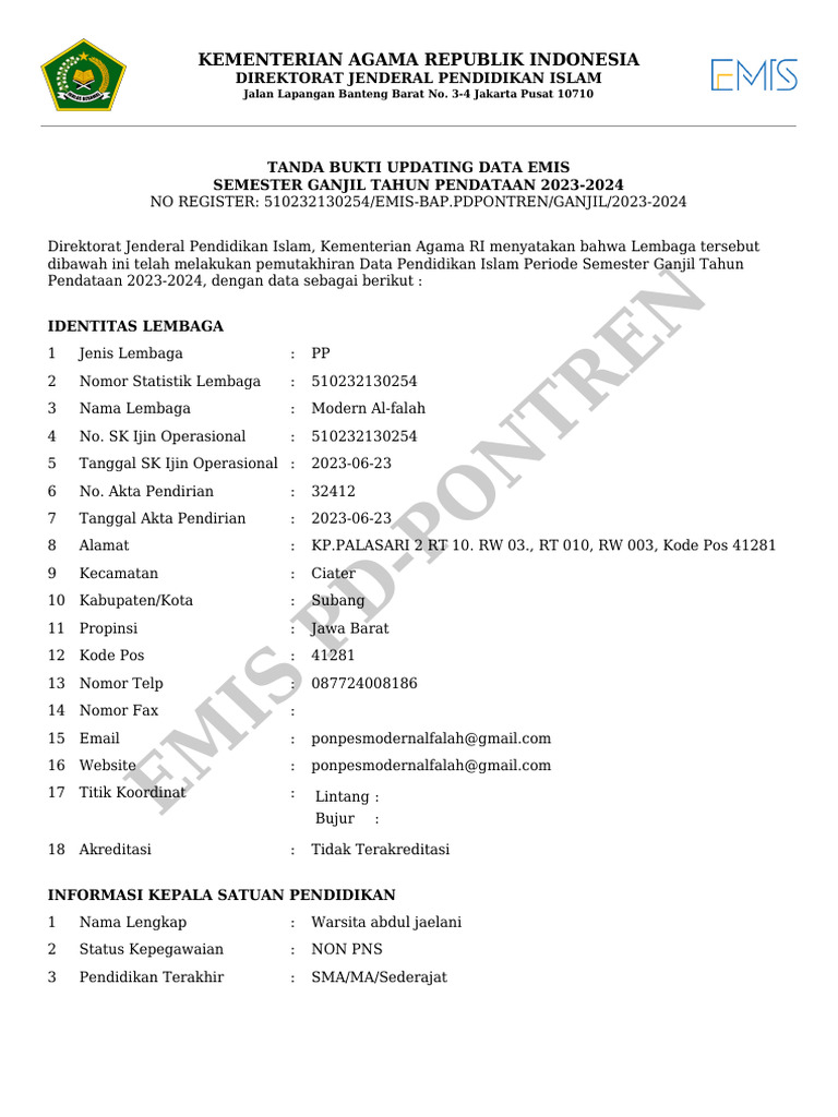 Pemutakhiran Data EMIS 2023-2024 | PDF