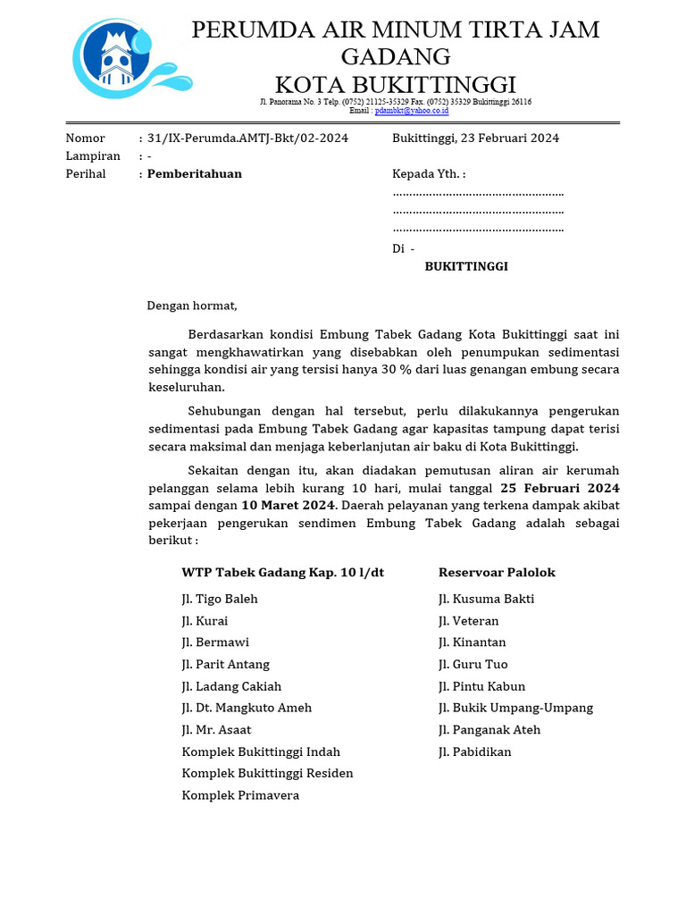 SURAT KE CAMAT ABTB PENGERUKAN SENDIMEN EMBUNG TABEK GADANG Fix | PDF
