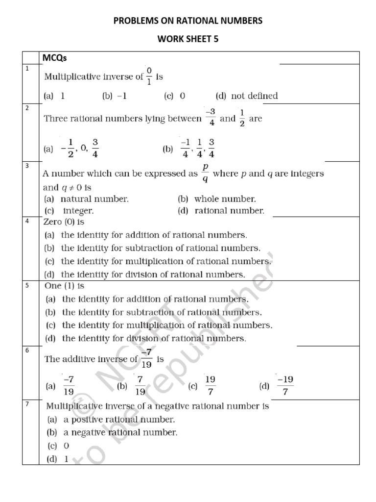 Rational Numbers Worksheet MCQs & Exercises | PDF