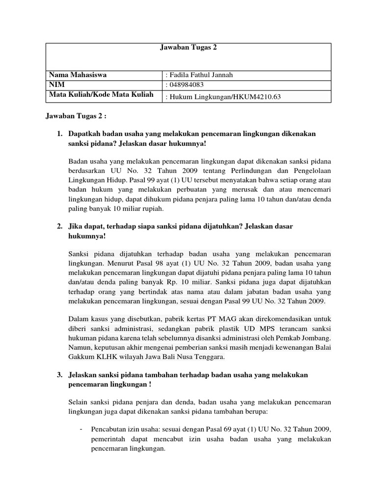 Tugas 2 Hukum Lingkungan | PDF | Hukum