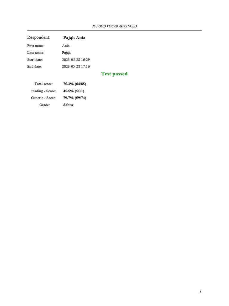 2b-FOOD-VOCAB-ADVANCED-Pająk-Ania-test-answers | Download Free PDF ...