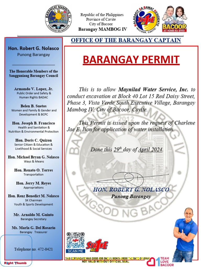 Barangay Excavation Permit for Maynilad | PDF
