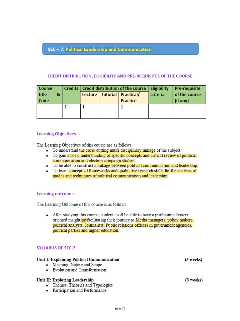 Political Leadership & Communication Syllabus | PDF | Leadership ...