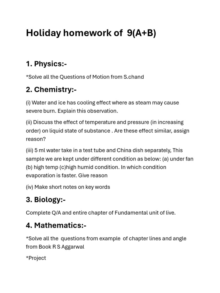 Holiday Homework For Class IX (A+B) | PDF
