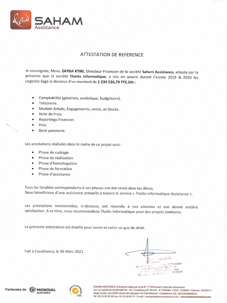 Attestation de References Sage 1000 - 9 | PDF