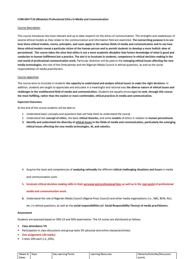 COM 604 FT16 (Modular) Professional Ethics in Media and Communication ...