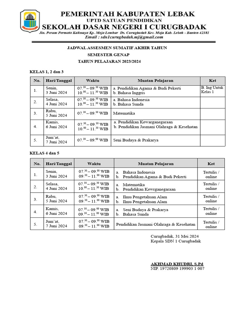 Jadwal Assesmen Sumatif Akhir Tahun 2024 | PDF