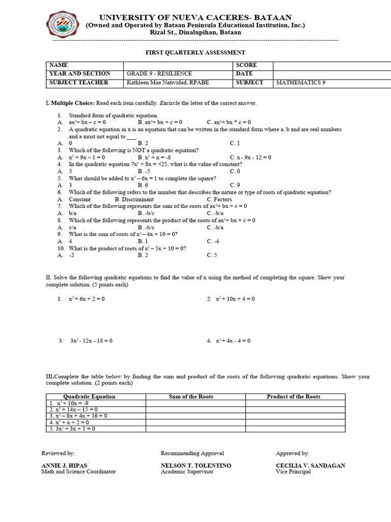 1st Quarterly Assessment - 9 Resilience | PDF | Elementary Mathematics | Mathematics