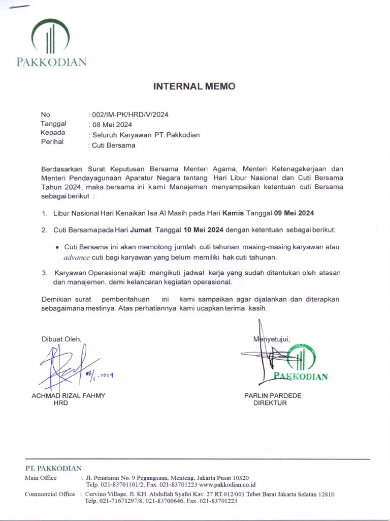 Internal Memo Cuti Bersama Kenaikan Isa Al Masih Bulan Mei 2024 | PDF