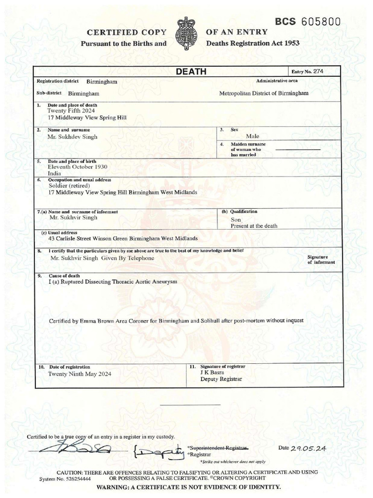 Mr. Sukhvir Singh father death certificate-1 | PDF Mr. Sukhvir Singh father death certificate-1 | PDF