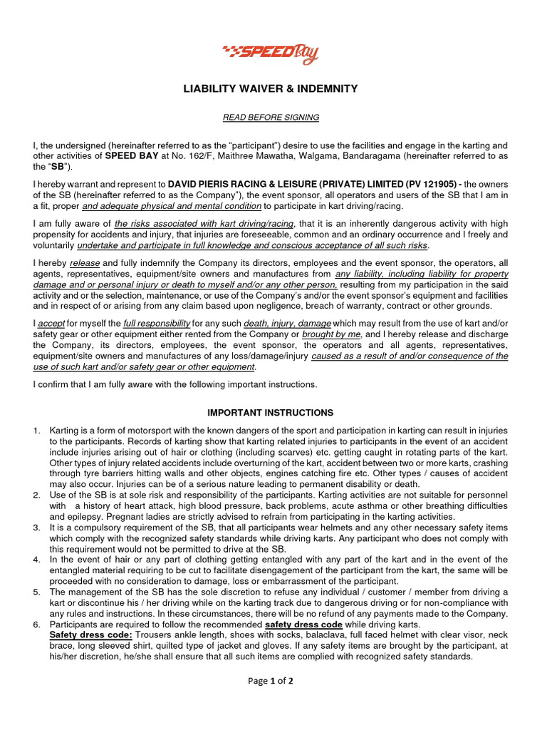 Adult Indemnity Form | PDF | Indemnity | Legal Liability