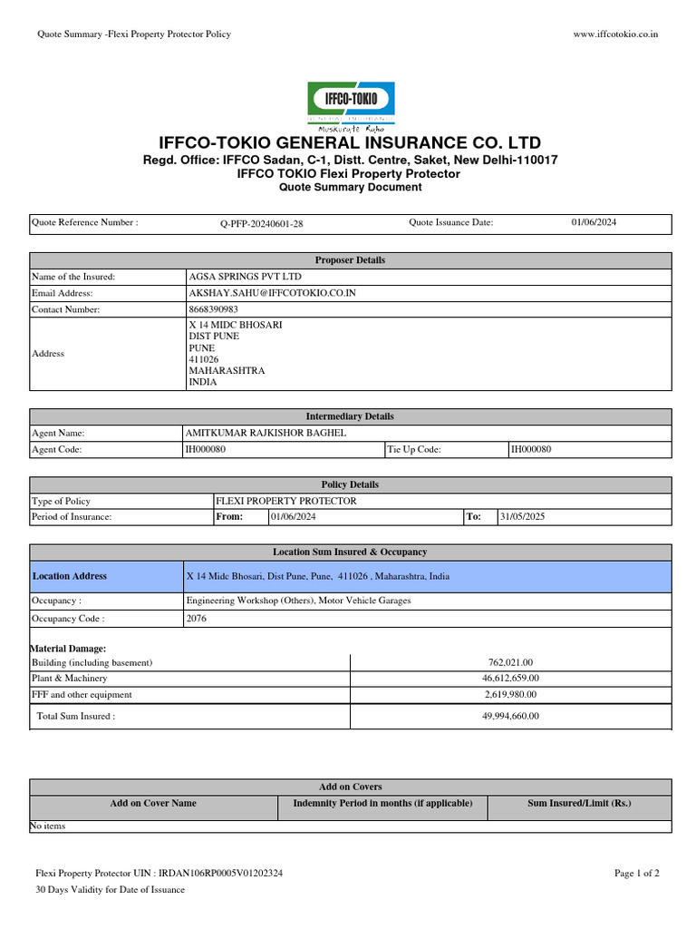 Iffco AGSA Springs Final Quote | PDF | Insurance | Disasters