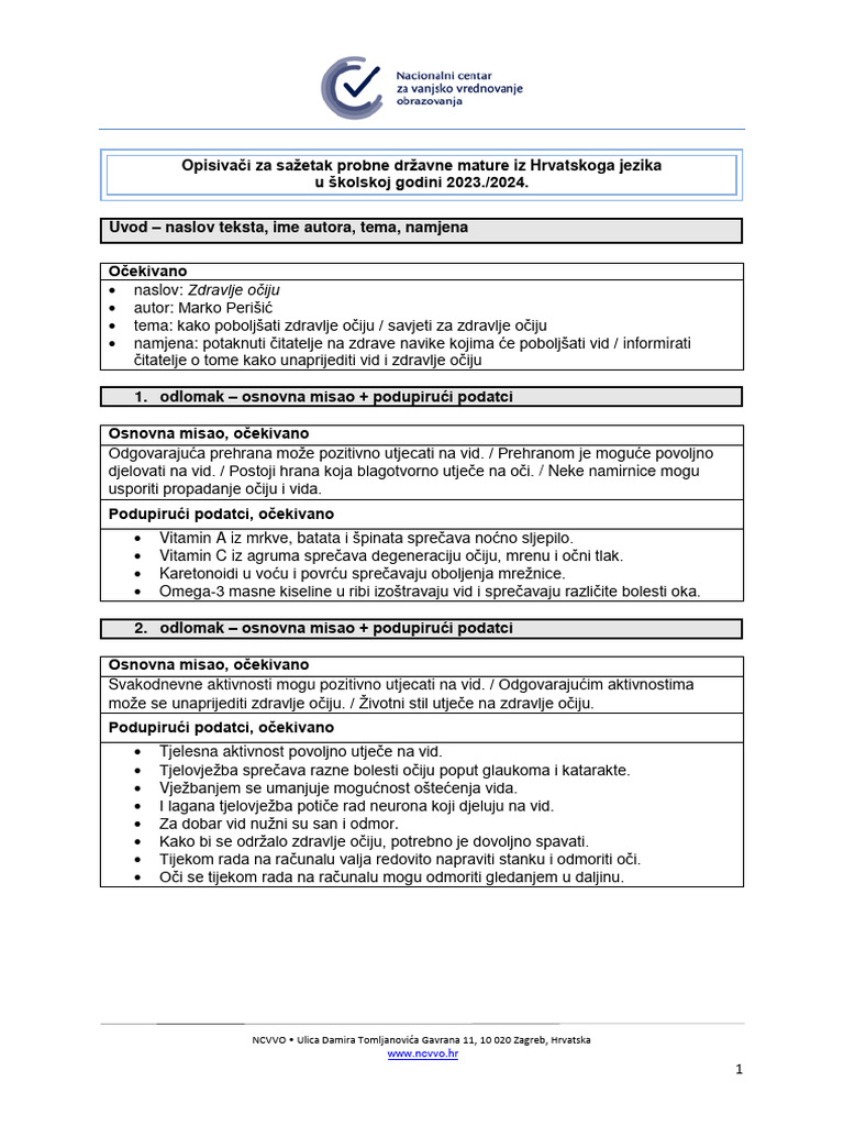 HRVATSKI JEZIK probni ispit - 2023.-2024. - opisiva焛 za sa tak | PDF