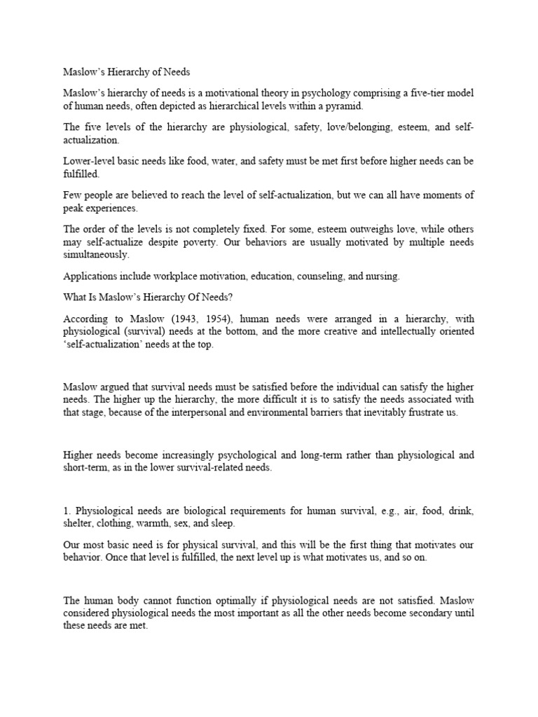 Abraham Maslow's Hierarchy of Needs | PDF | Self Actualization | Motivation