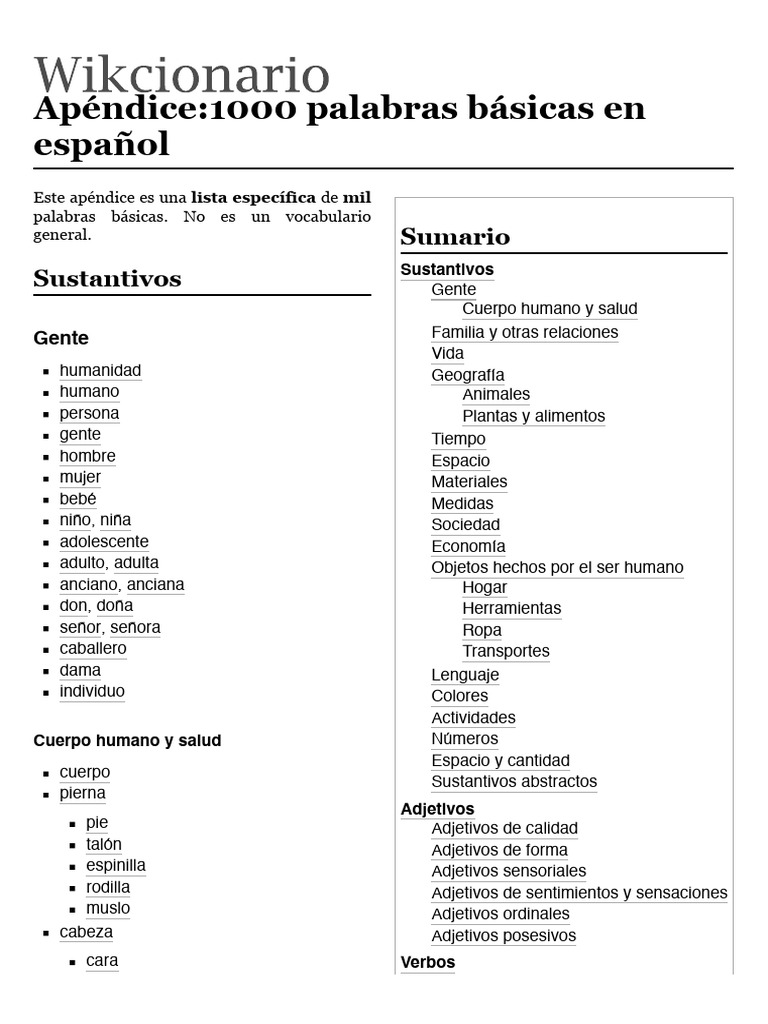 Apéndice:1000 Palabras Básicas en Español - Wikcionario, El Diccionario ...