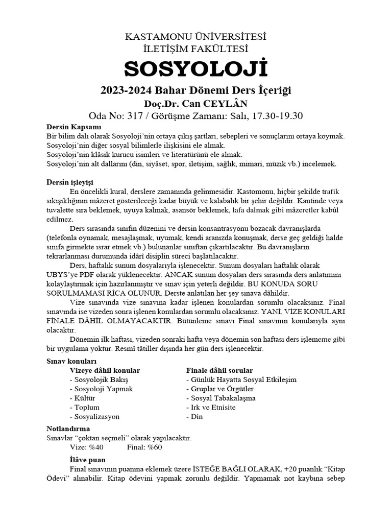 Sosyoloji Ders Icerik | PDF