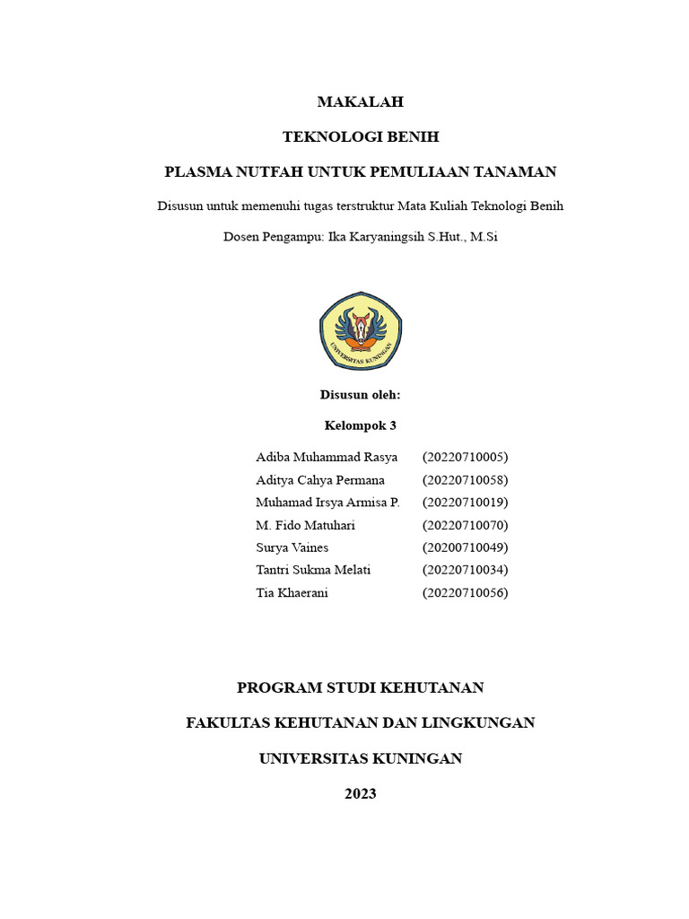 Makalah Teknologi Benih Plasma Nutfah - Kelompok 3 | PDF