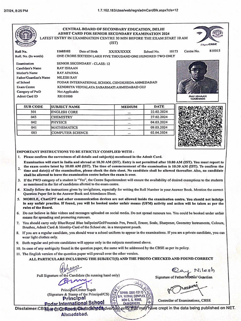 Admit Card Class 12 Board | PDF