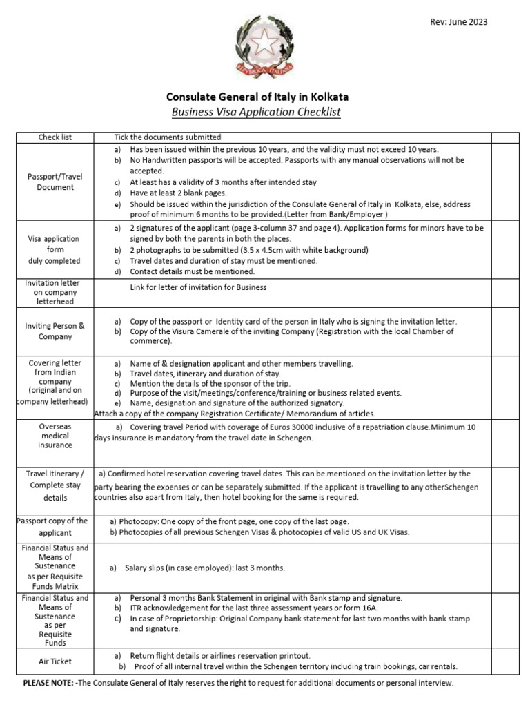 Italy Business Visa Checklist Kolkata | PDF | Travel Visa | Passport