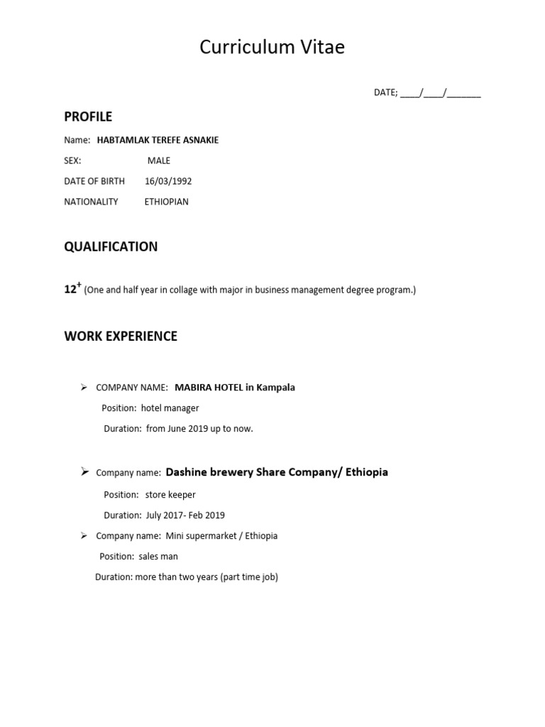 Ethiopian Hotel Manager CV | PDF