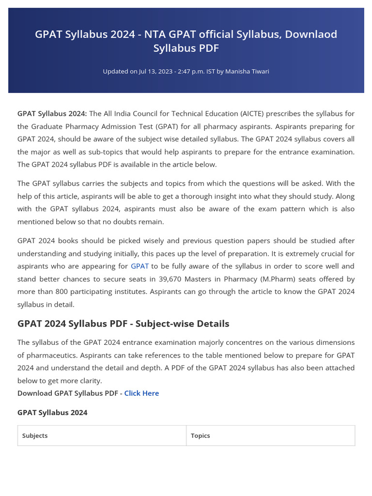 GPAT 2024 Syllabus Guide | PDF | Pharmacology | Biopharmaceutical