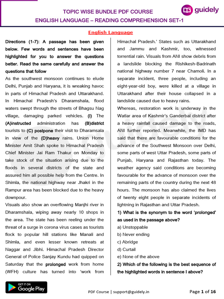 Reading Comprehension Set - 1 (Prelims) - 1717662776540 | PDF ...