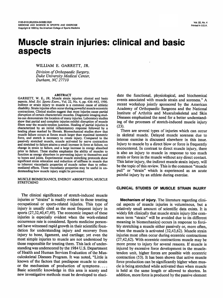 Muscle Strain Injuries - Clinical and Basic Aspect Garret 1990 | PDF