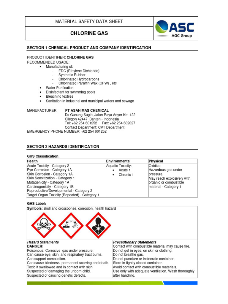 Material Safety Data Sheet Chlorine Gas | PDF | Personal Protective Equipment | Dangerous Goods