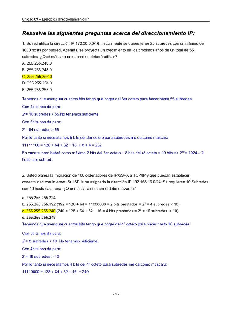 SIINF-U09-Ejer 8 (Soluc) | Descargar gratis PDF | Dirección IP | Redes de computadoras