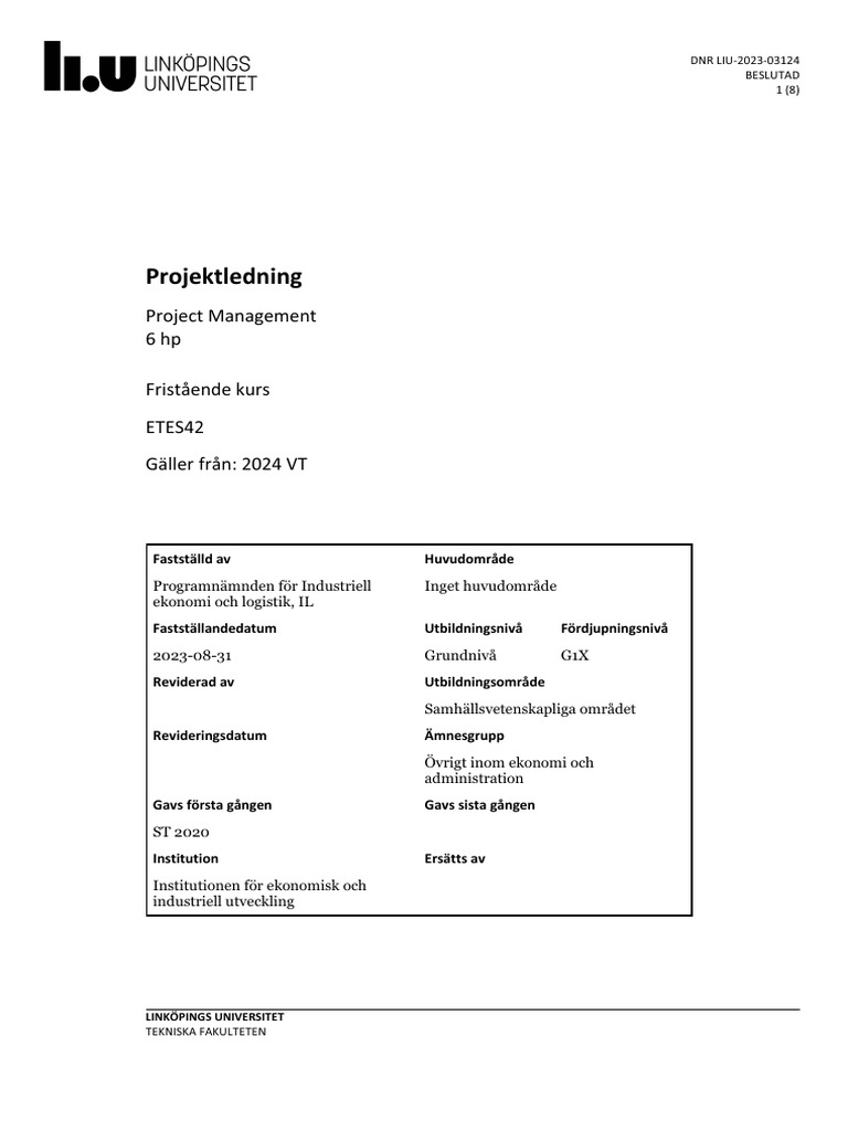 Kursplan Projektledning | PDF