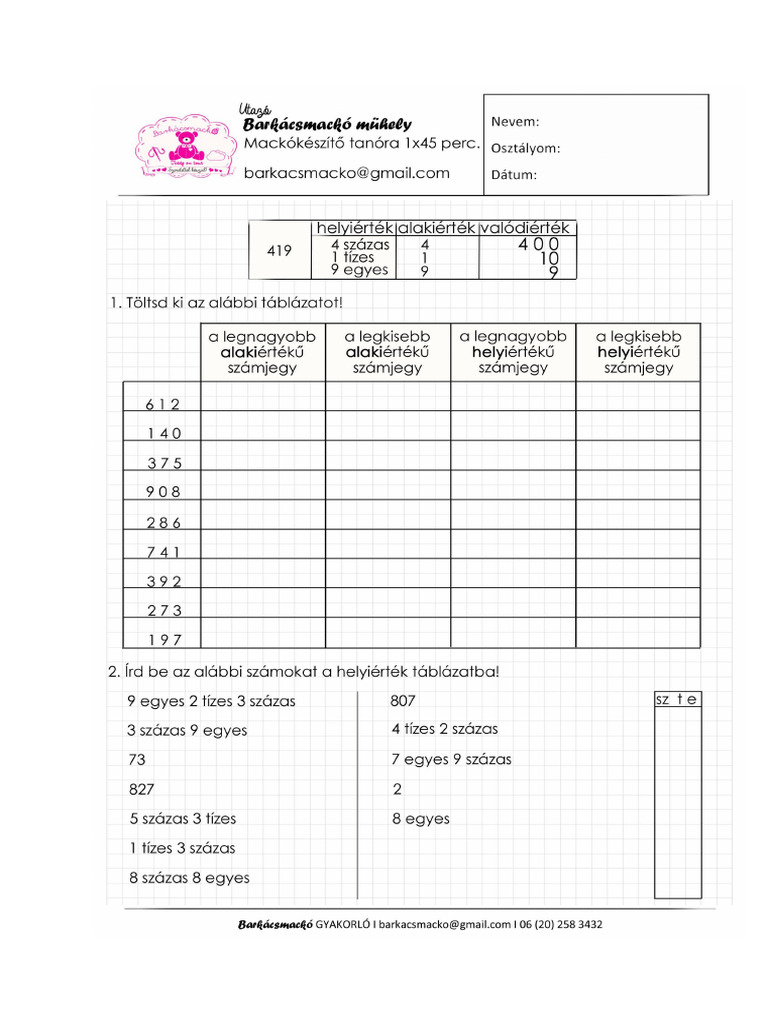 Matek Feladatlap Alaki, Helyi Érték | PDF