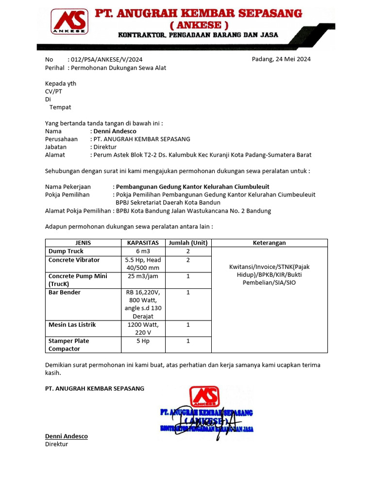 Permohonan Sewa Alat PT SPS Subang | PDF | Teknologi & Rekayasa