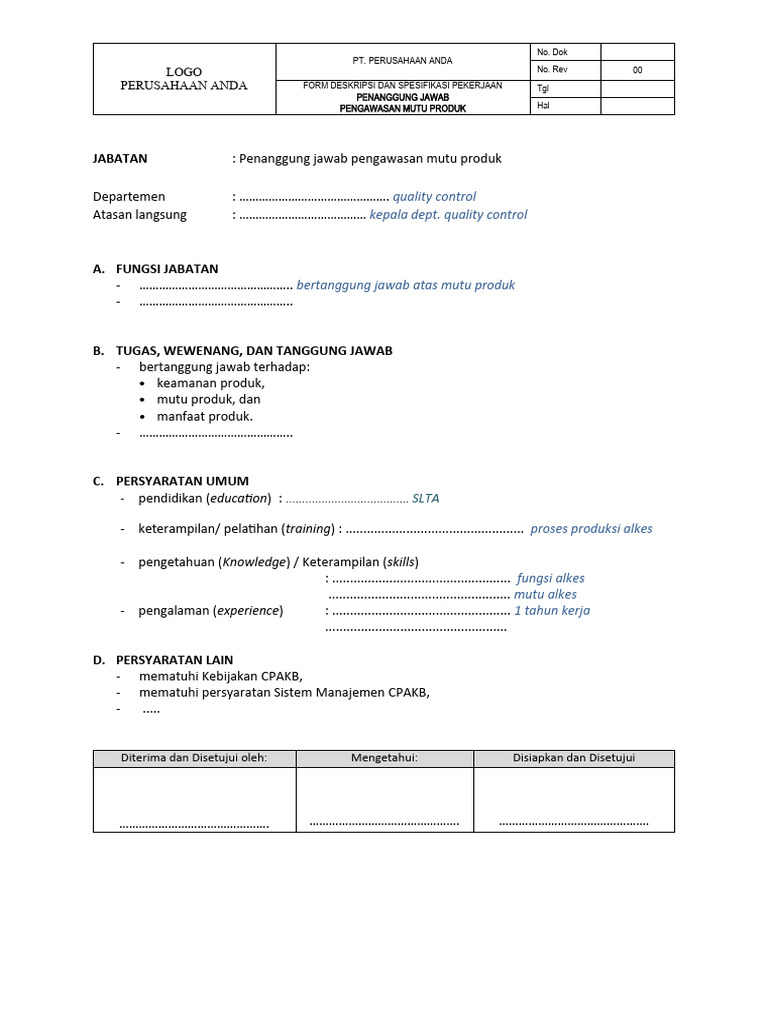 form 02 deskripsi spesifikasi PJ pengawasan mutu produk | PDF
