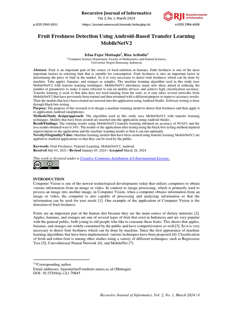 Fruit Freshness Detection Using Android-Based Transfer Learning MobileNetV2 | PDF | Machine ...