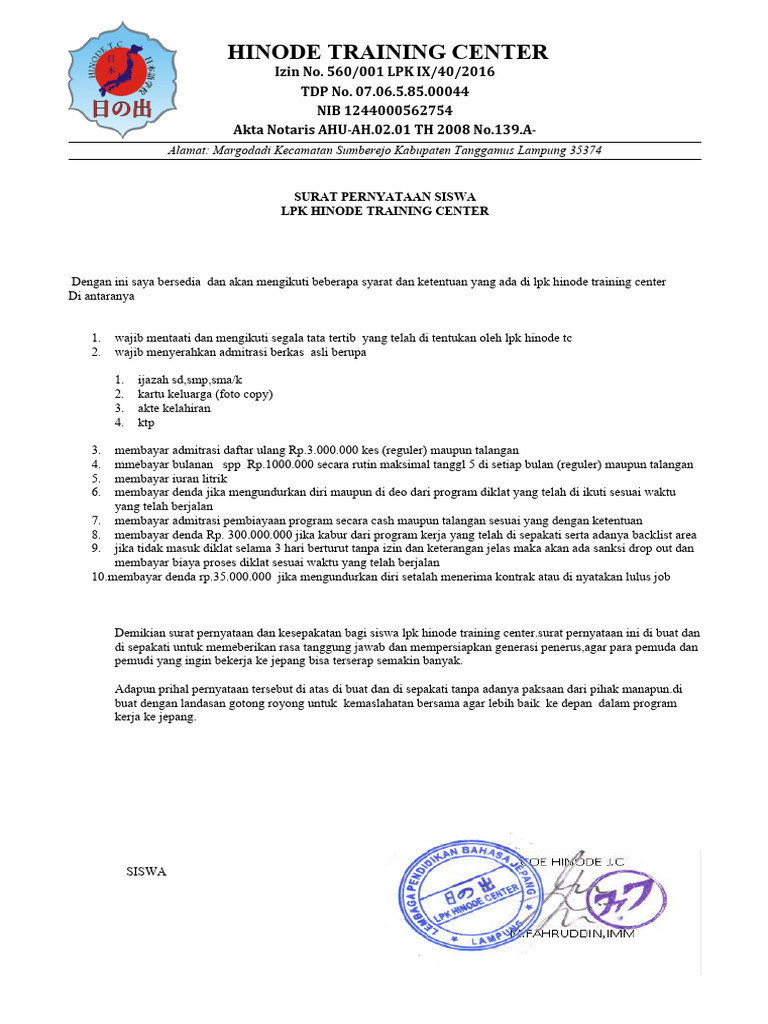 Surat Pernyataan Siswa LPK Hinode | PDF | Bisnis | Pengelolaan Keuangan ...