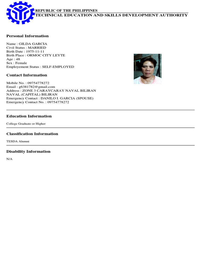 Gilda Garcia's TESDA Course Details | PDF